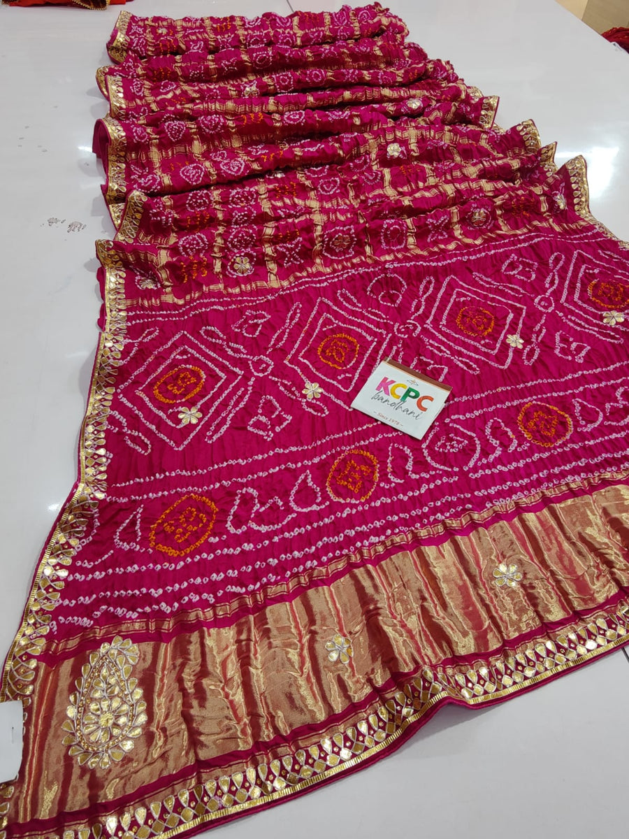 Pure Gaji Silk Bandhani Ghatchola Gotapatti Work Saree with blouse – KcPc Bandhani
