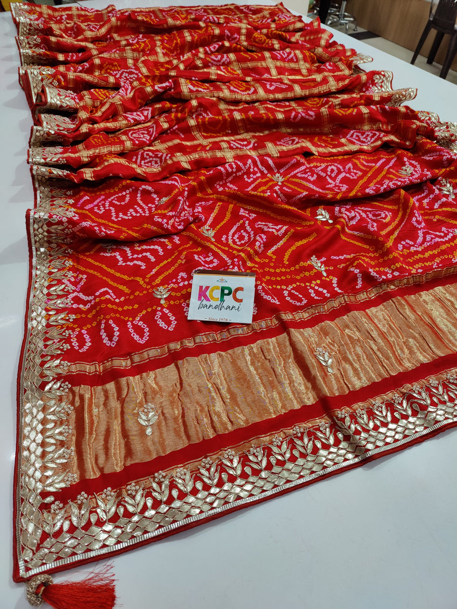 Pure Gaji Silk Bandhani Ghatchola Heavy Gotapatti Work Saree AMT Red – KcPc Bandhani